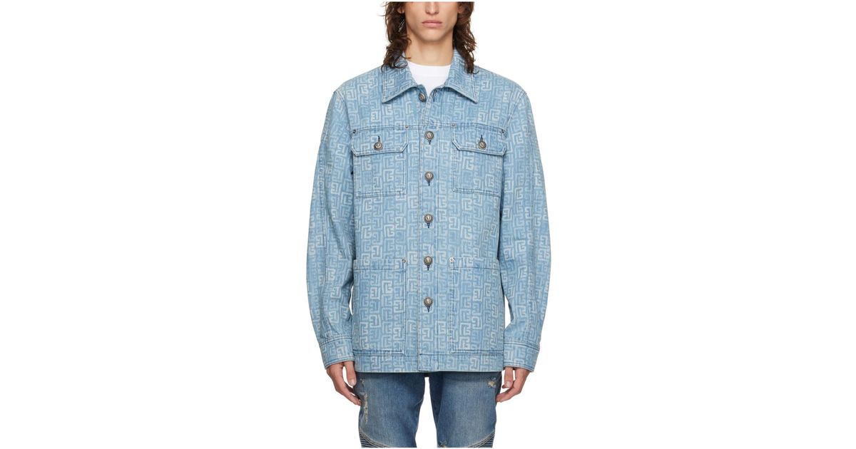 Balmain Full Body Logo Pattern Denim Coat in Blue for Men | Lyst
