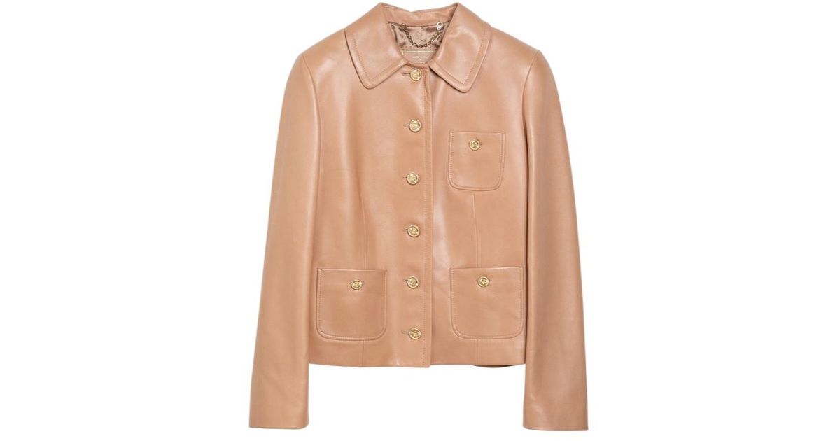 Gucci Logo-Buttons Leather Jacket in Brown | Lyst