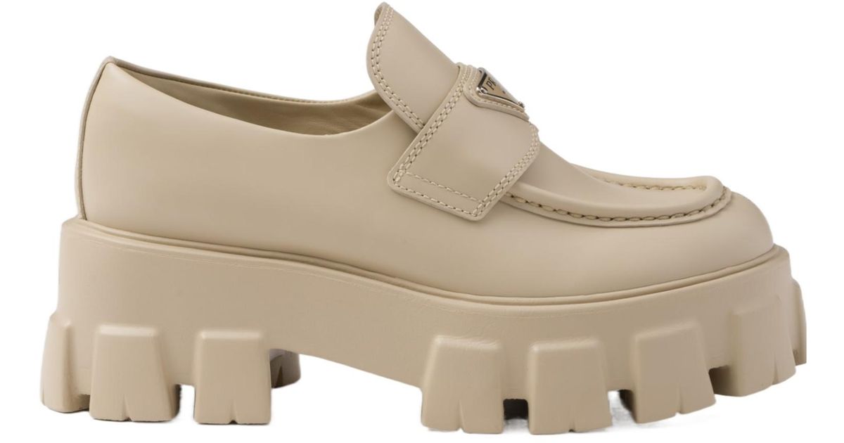 Prada Brushed Leather Monolith Loafers in Natural | Lyst
