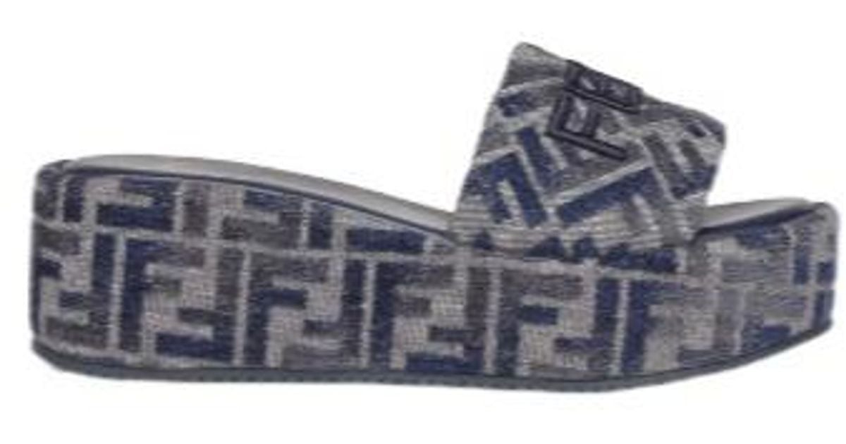 Fendi Ff Denim Flatform Slides in Gray | Lyst