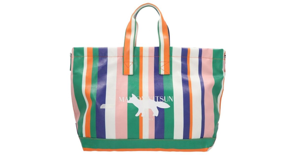 Maison Kitsuné Stripe-Print Cotton Tote Bag in Green | Lyst