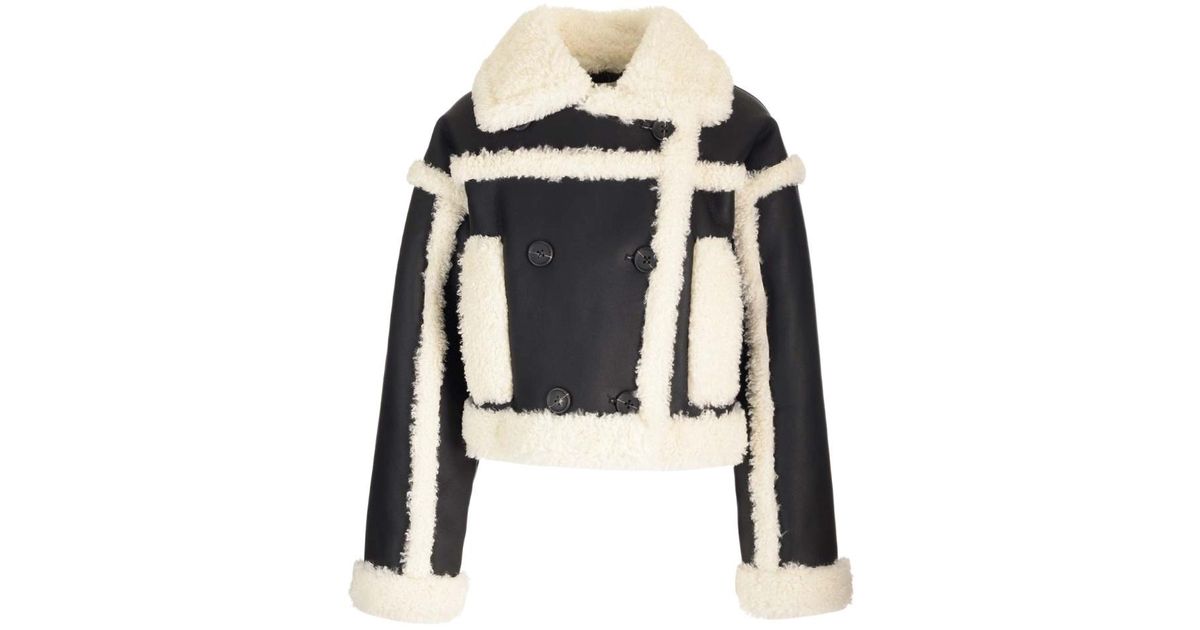 STAND Shearling Trim Crop Jacket in Black | Lyst
