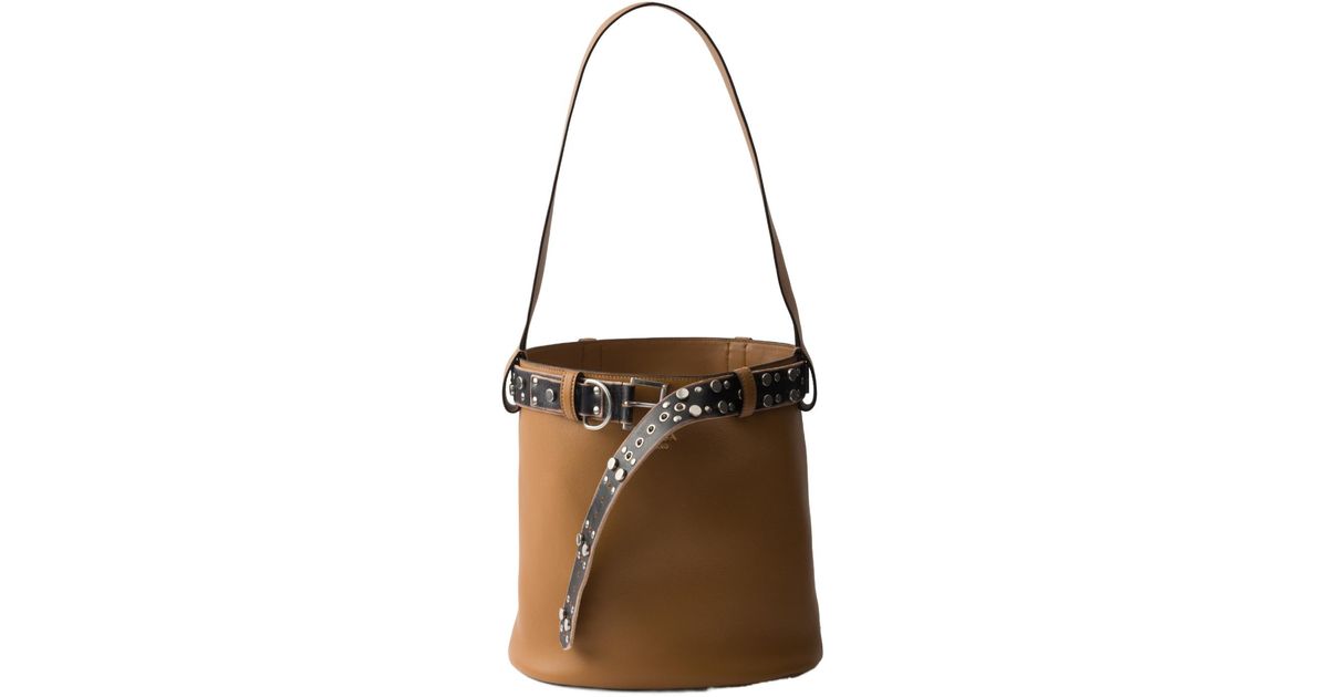 Prada Buckle Leather Bucket Bag With Studded Belt in Brown | Lyst
