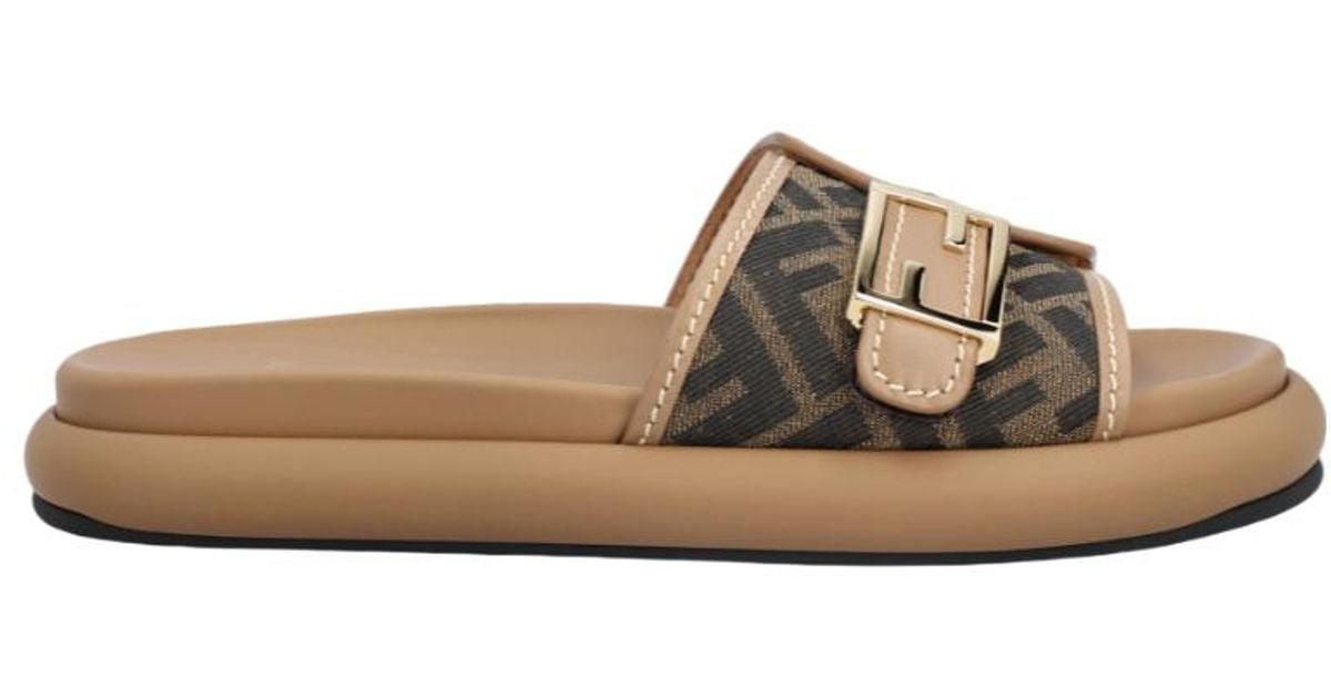 Fendi Logo-Pattern Slides in Brown | Lyst