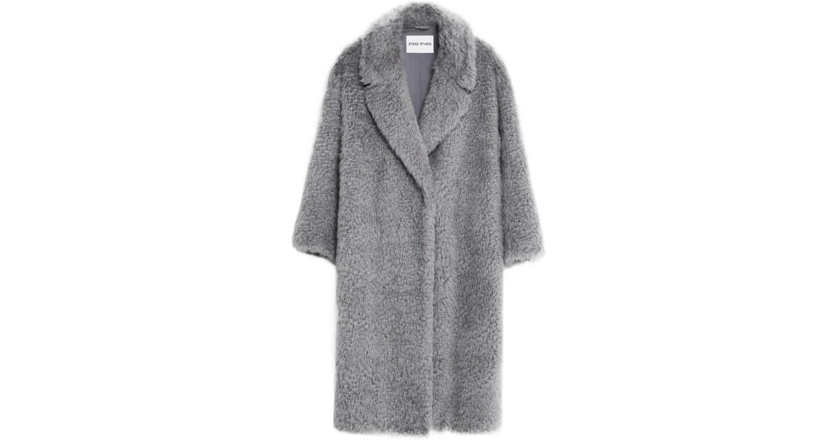 Stand Studio Long Faux-Fur Coat in Gray | Lyst