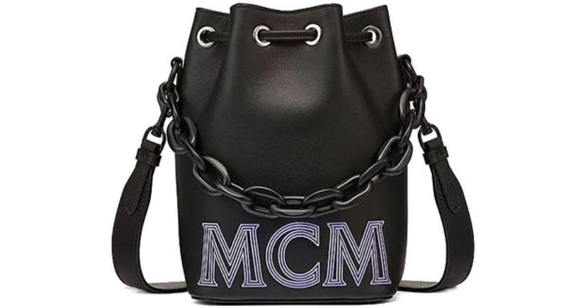 MCM Mini Logo-Print Drawstring Bucket Bag in Black | Lyst