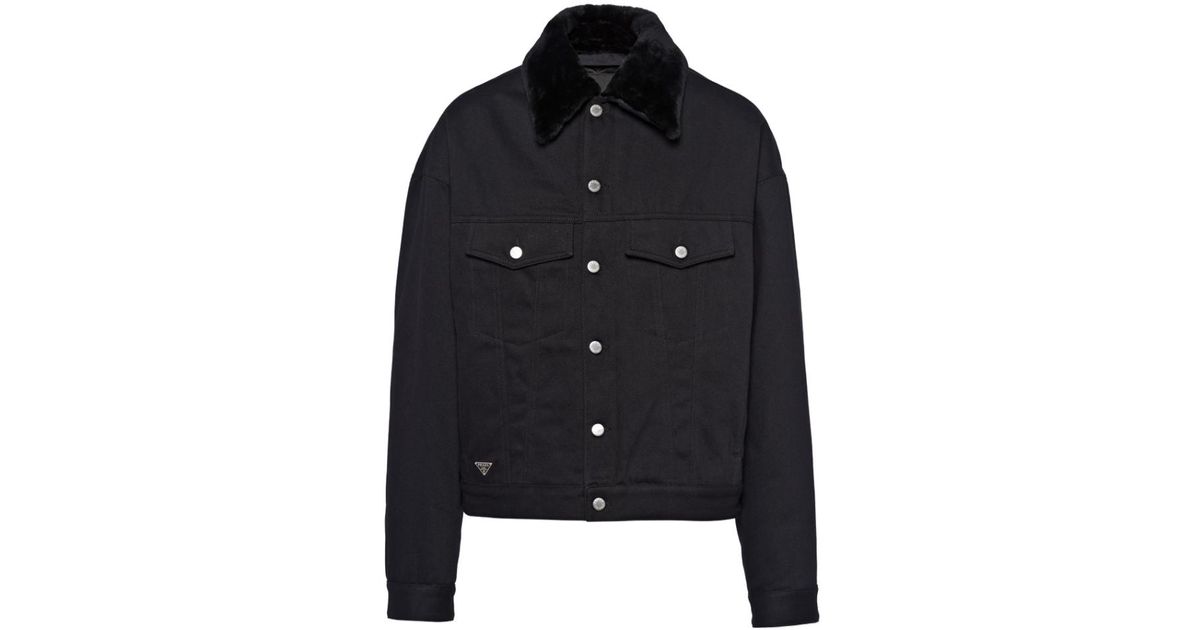 Prada Shearling-Collar Padded Denim Jacket in Black for Men | Lyst