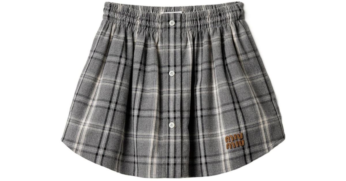Miu Miu Cotton Flannel Mini Skirt in Gray | Lyst