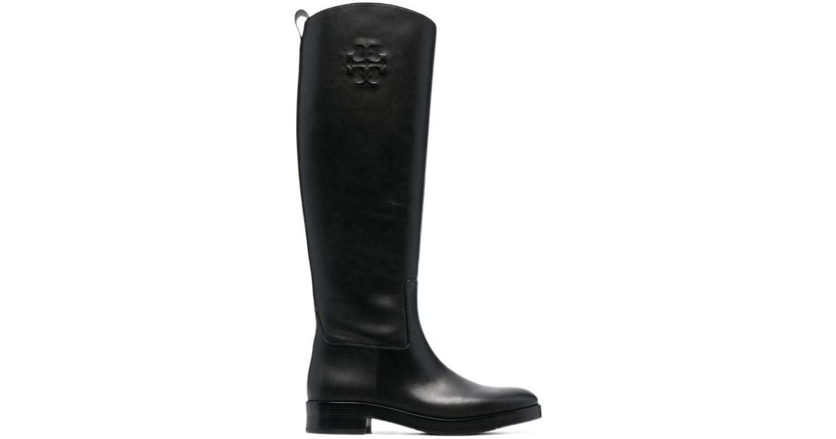 Tory Burch Logo-Embossed Tall Leather Boots in Black | Lyst