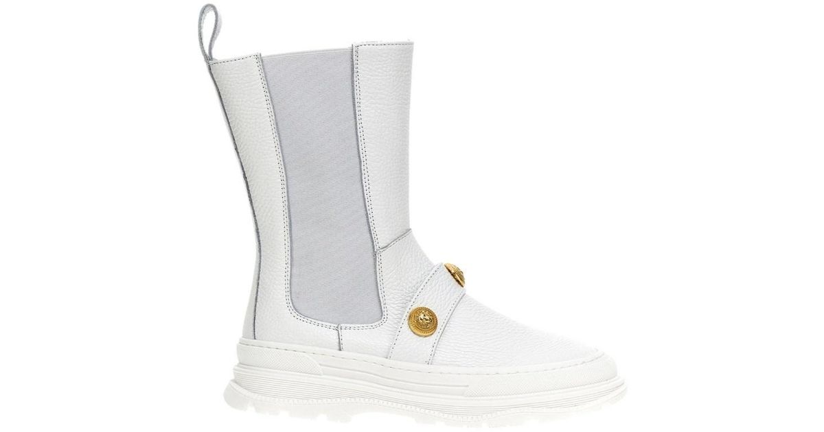 Balmain Studded Leather Boots in White | Lyst