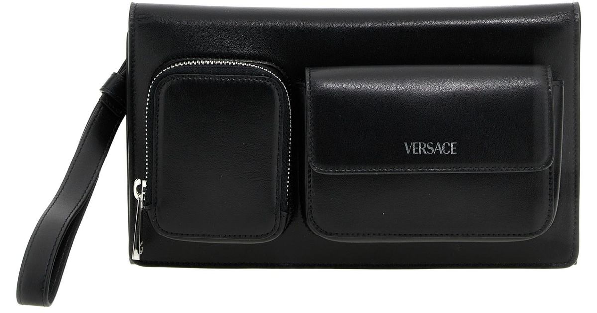 Versace Logo-Stamp Leather Clutch Bag in Black for Men | Lyst