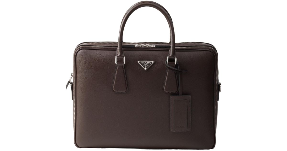 Prada Saffiano Leather Briefcase in Brown for Men | Lyst