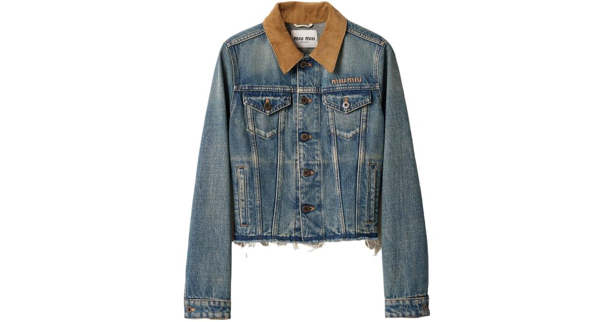 Miu Miu Corduroy-Collar Denim Jacket in Blue | Lyst