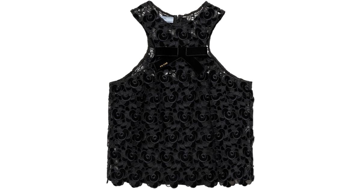 Prada Guipure Top With Camellia Embroidery in Black | Lyst