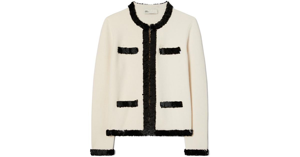 Tory Burch Kendra Sequin-Embellished Cardigan in Natural | Lyst