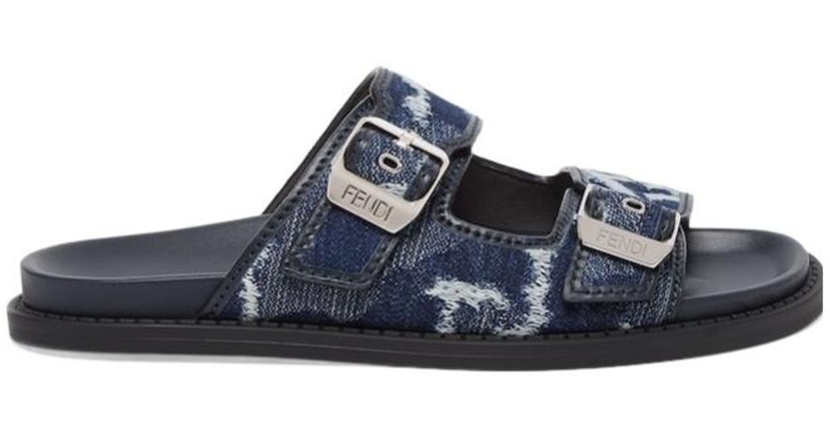 Fendi Feel Double-Buckle Denim Slides in Blue for Men | Lyst