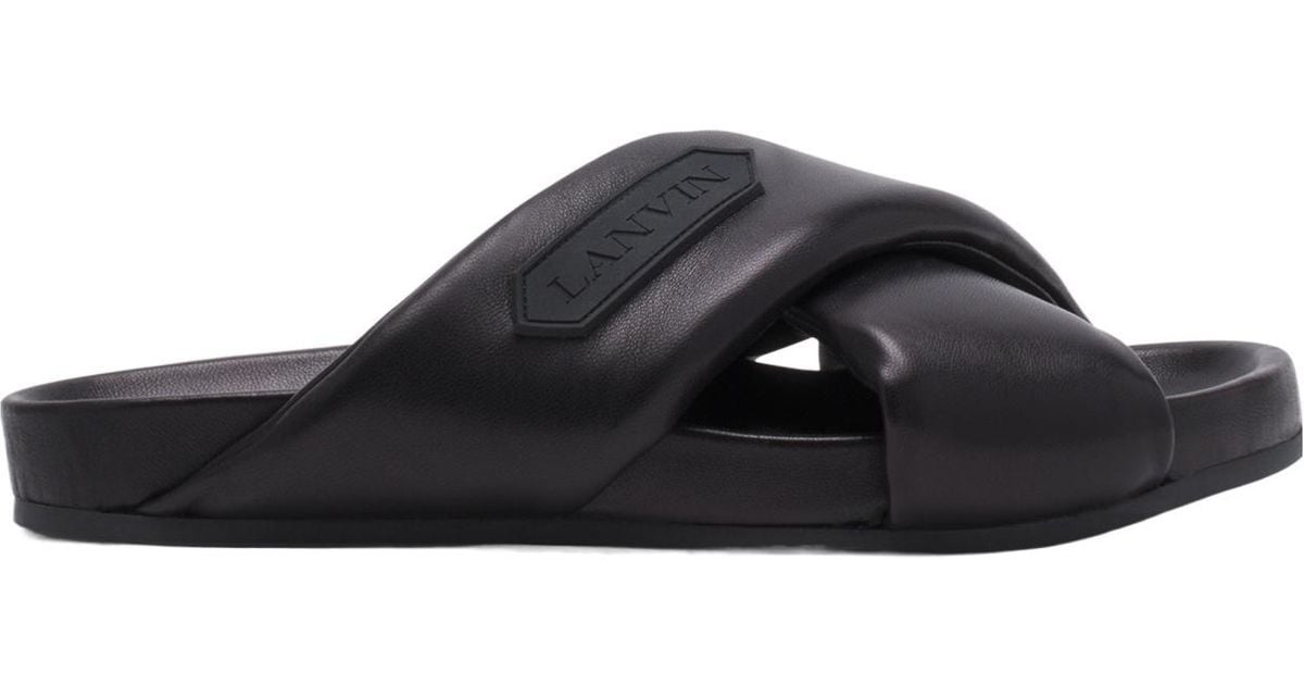 Lanvin Logo-Appliqué Crossover Leather Slides in Black | Lyst