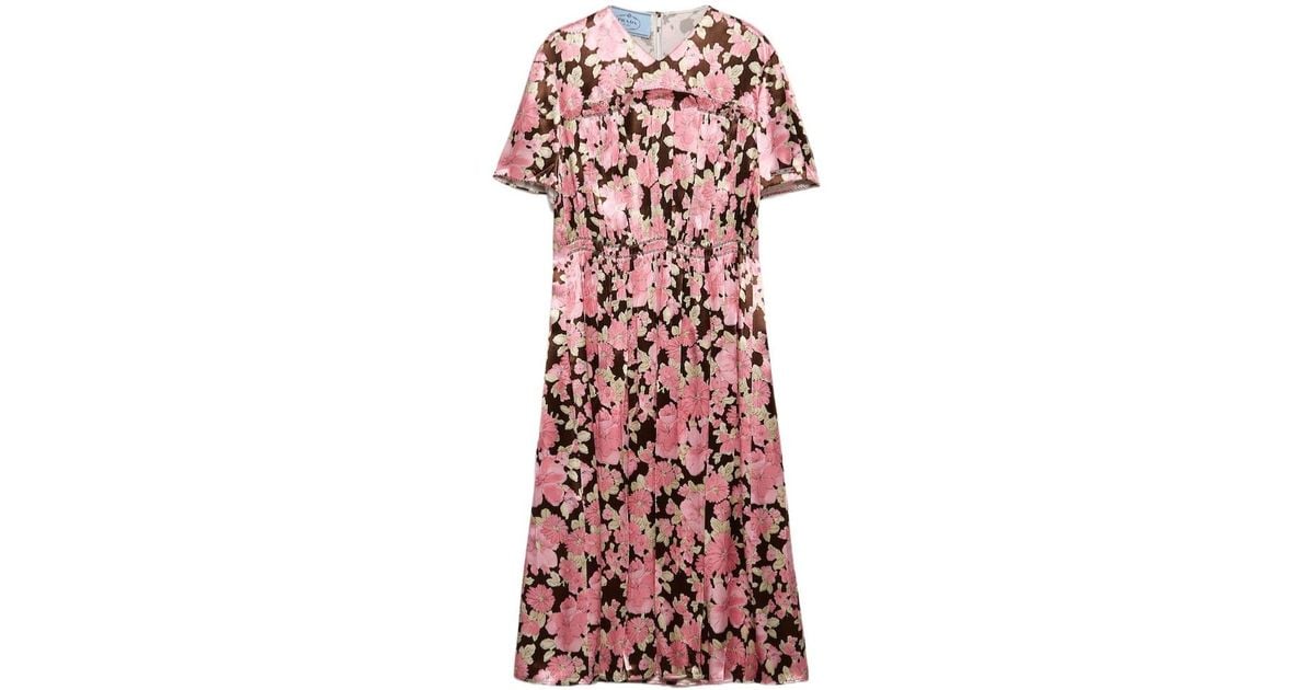 Prada Satin Floral Midi Dress in Red | Lyst