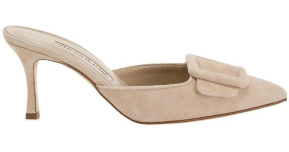Manolo Blahnik Buckle Detailing Pointed Mules in White | Lyst