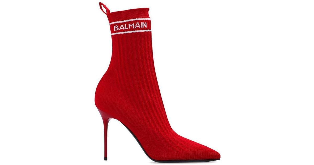 Balmain Skye Knitted Ankle Boots in Red | Lyst