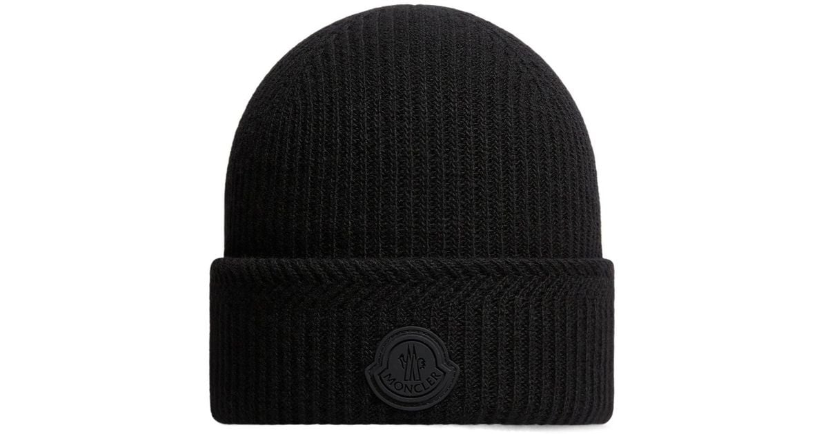 Moncler Logo-Patch Ribbed Beanie in Black for Men | Lyst UK