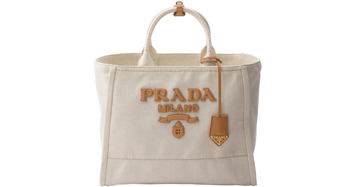 Prada Logo-Appliqué Large Top Handle Bag in Natural | Lyst