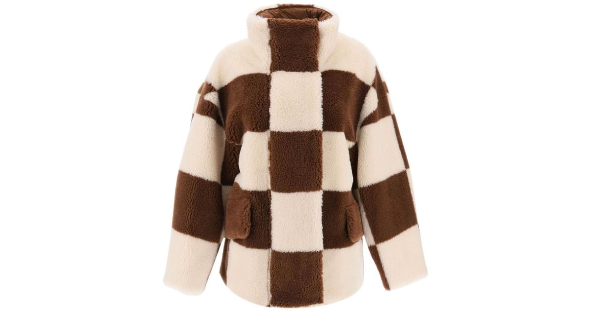 Stand Studio Dani Checkerboard-Pattern Faux-Fur Jacket in Brown | Lyst