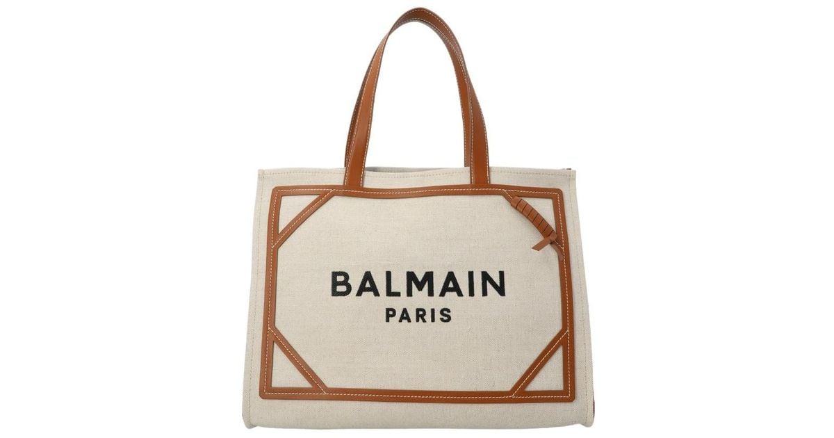 Balmain B-Army 42 Canvas Tote Bag With Leather Details in Natural | Lyst