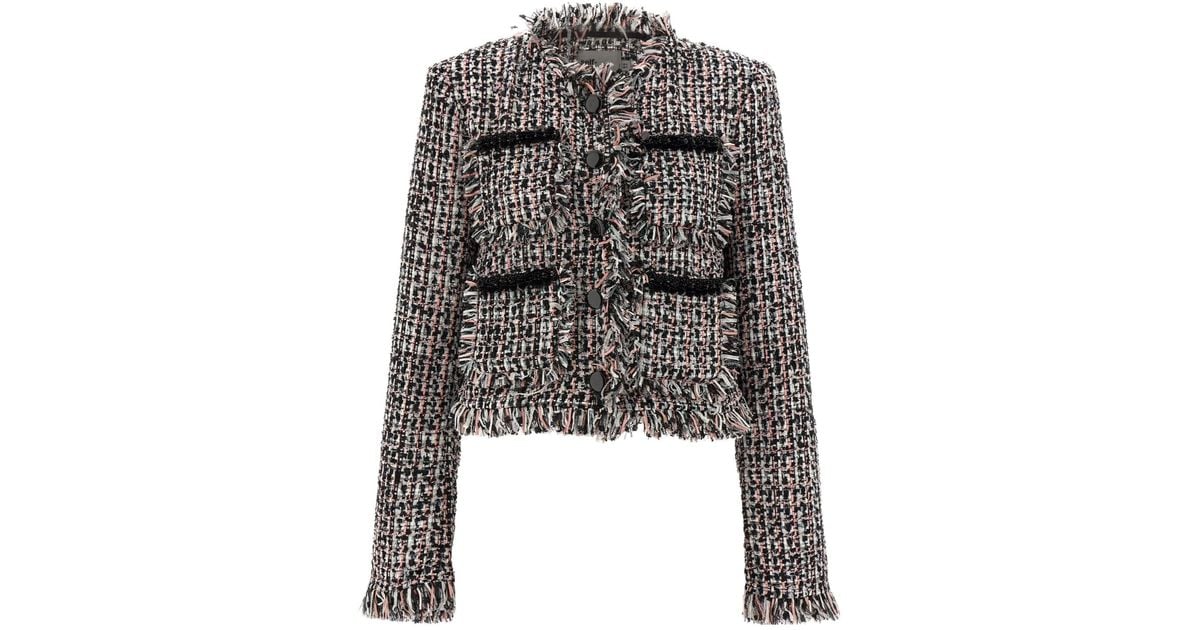 Self-Portrait Frayed Tweed Jacket in Gray | Lyst