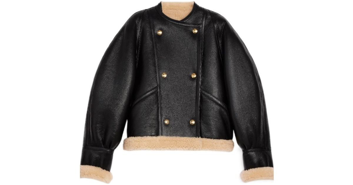 Celine Double-Breasted Shearling Bomber Jacket in Black | Lyst
