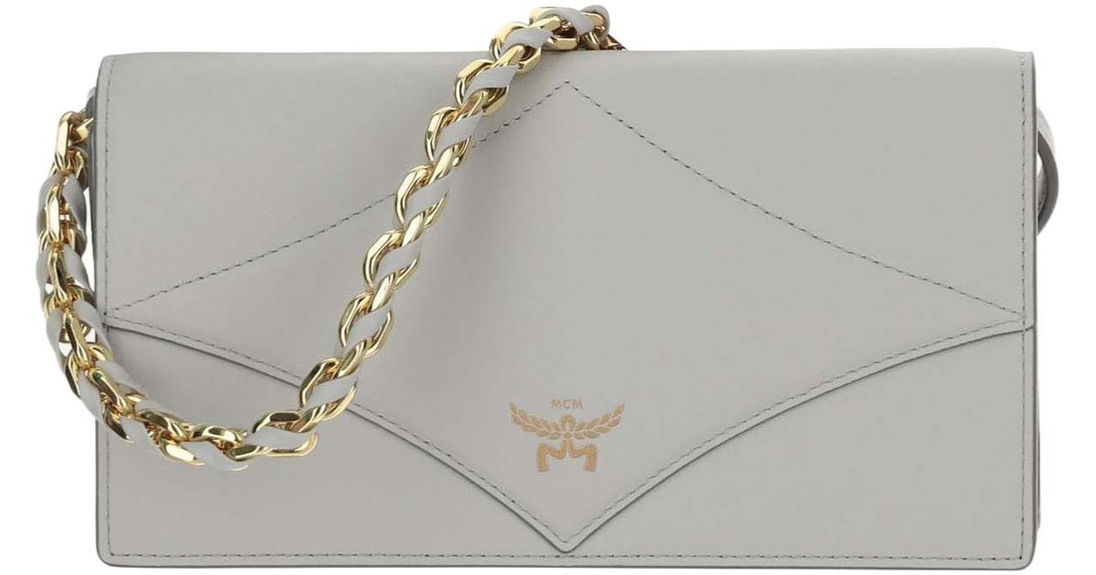 MCM Logo Detailed Foldover Top Crossbody Bag in Gray | Lyst