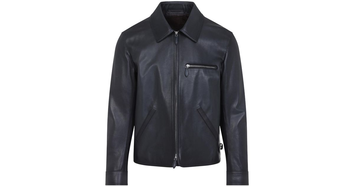 Berluti Long-Sleeved Leather Jacket in Blue for Men | Lyst