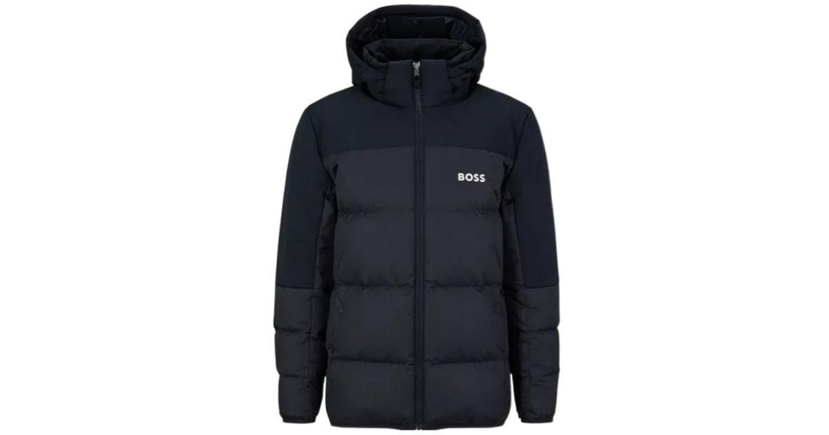 BOSS Logo Hooded Down Jacket in Blue for Men | Lyst