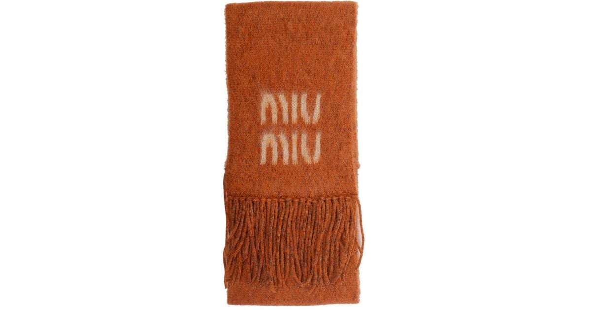 Miu Miu Logo-Detailed Fringed Scarf in Brown | Lyst