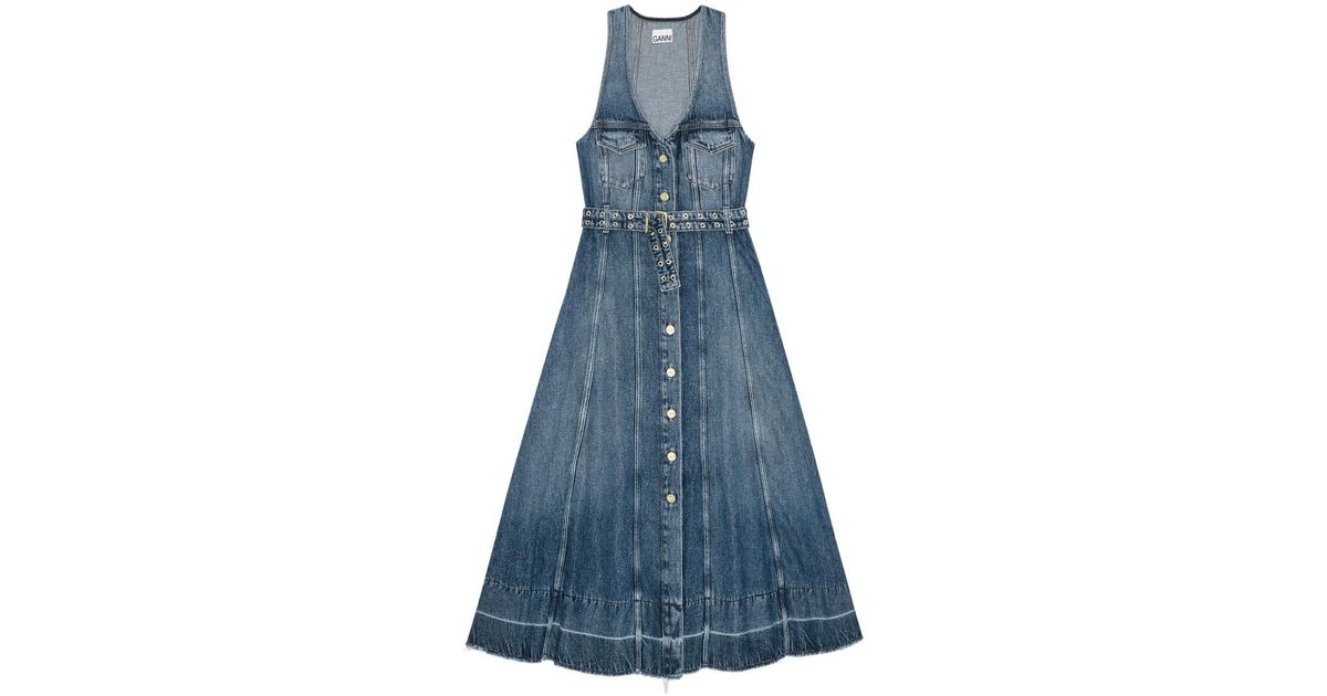 Ganni Light Denim Belt Midi Dress in Blue | Lyst