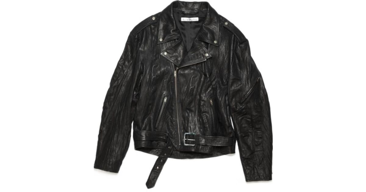 Acne Studios Crinkled Leather Biker Jacket in Black | Lyst