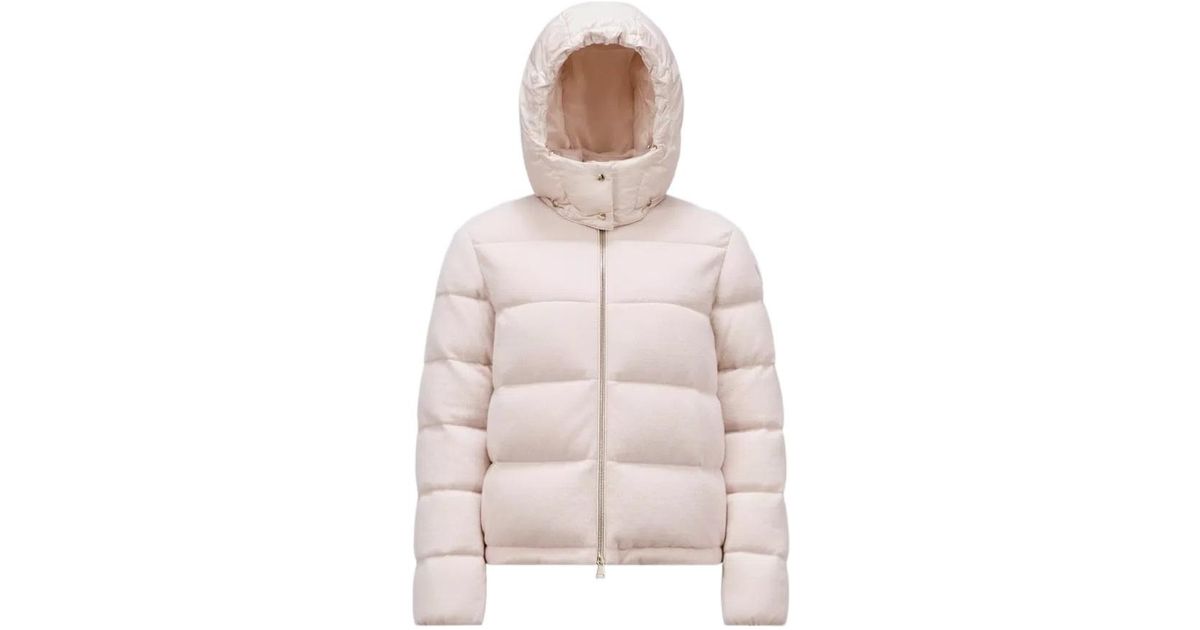Moncler Logo Sticker Wool Cashmere Down Jacket in Pink | Lyst