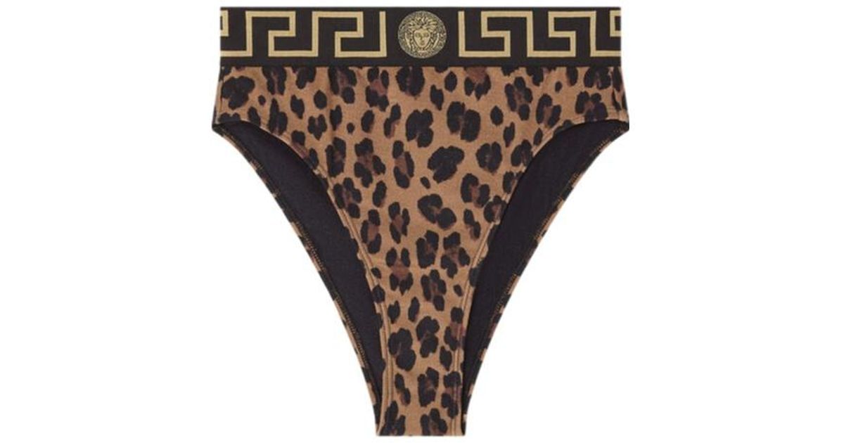 Versace Greca-Trim Leopard-Print Bikini Bottoms | Lyst