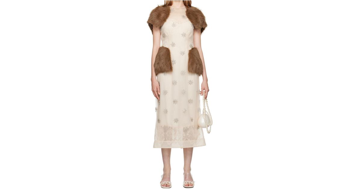 Simone Rocha Faux-Fur Inserts Midi Dress in Natural | Lyst