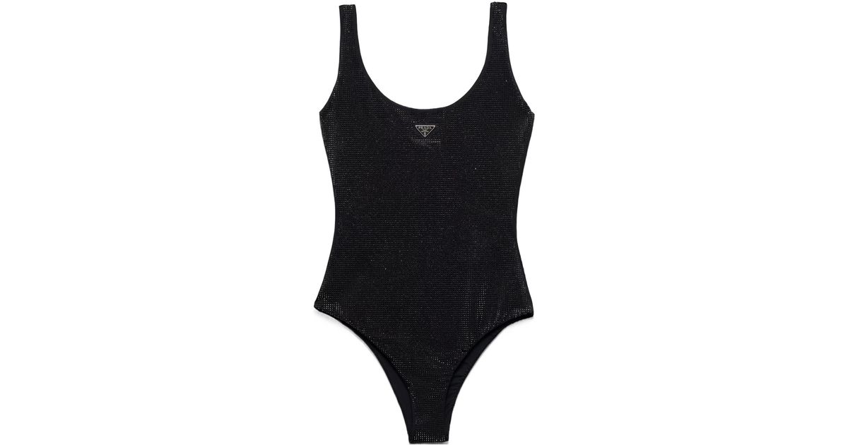 Prada Jersey One-Piece Swimsuit With Rhinestones in Black | Lyst