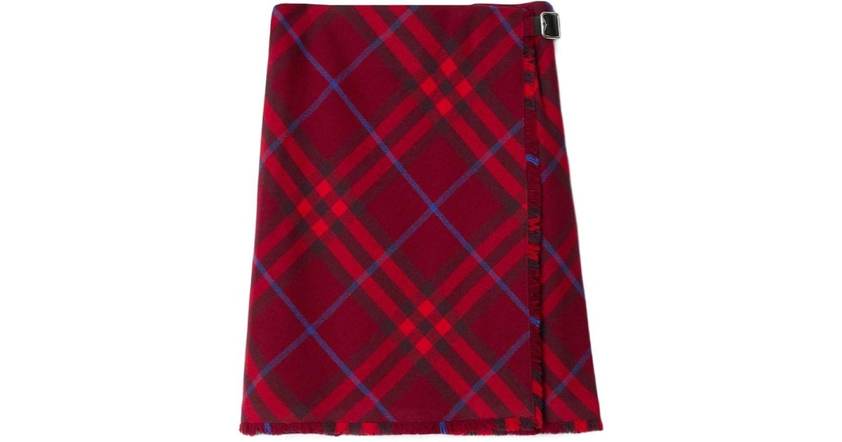 Burberry Plaid-Check Wool Kilt in Red | Lyst