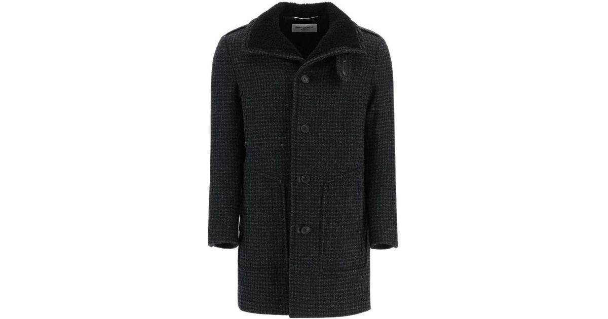 Saint Laurent Shearling-Collar Check Wool Coat in Black for Men | Lyst