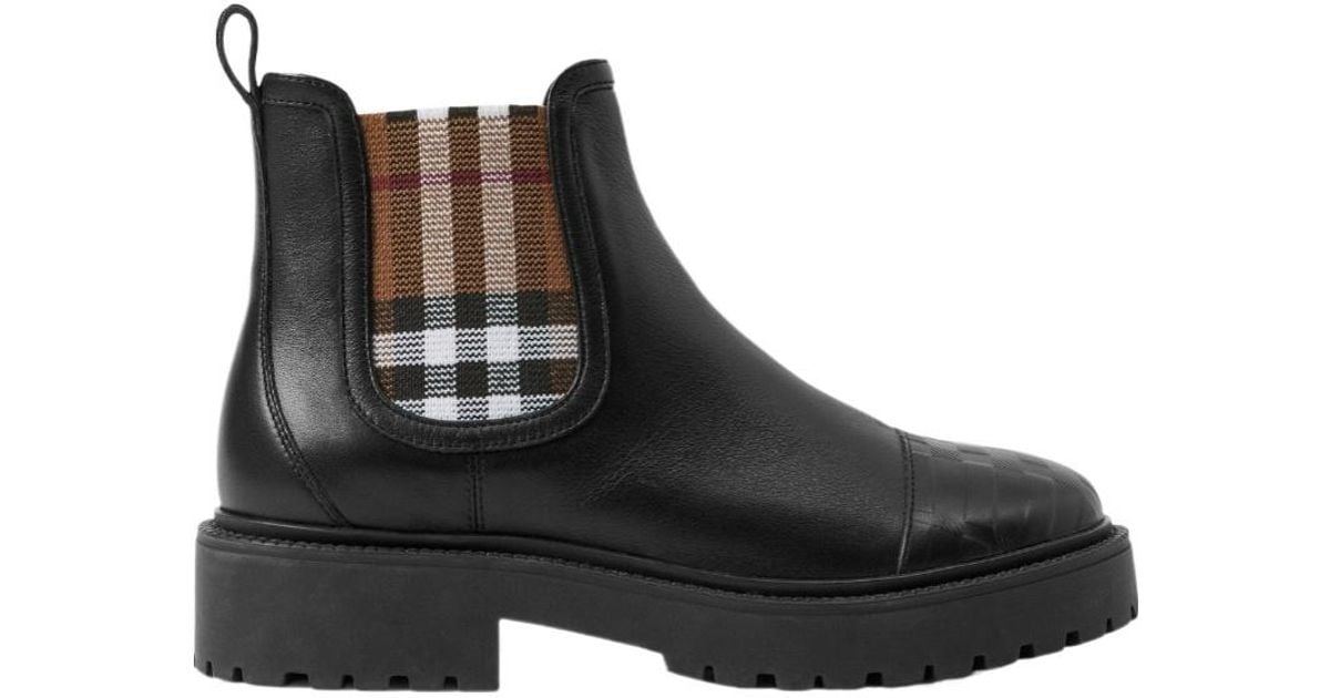 Burberry Check-Print Leather Boots in Black | Lyst