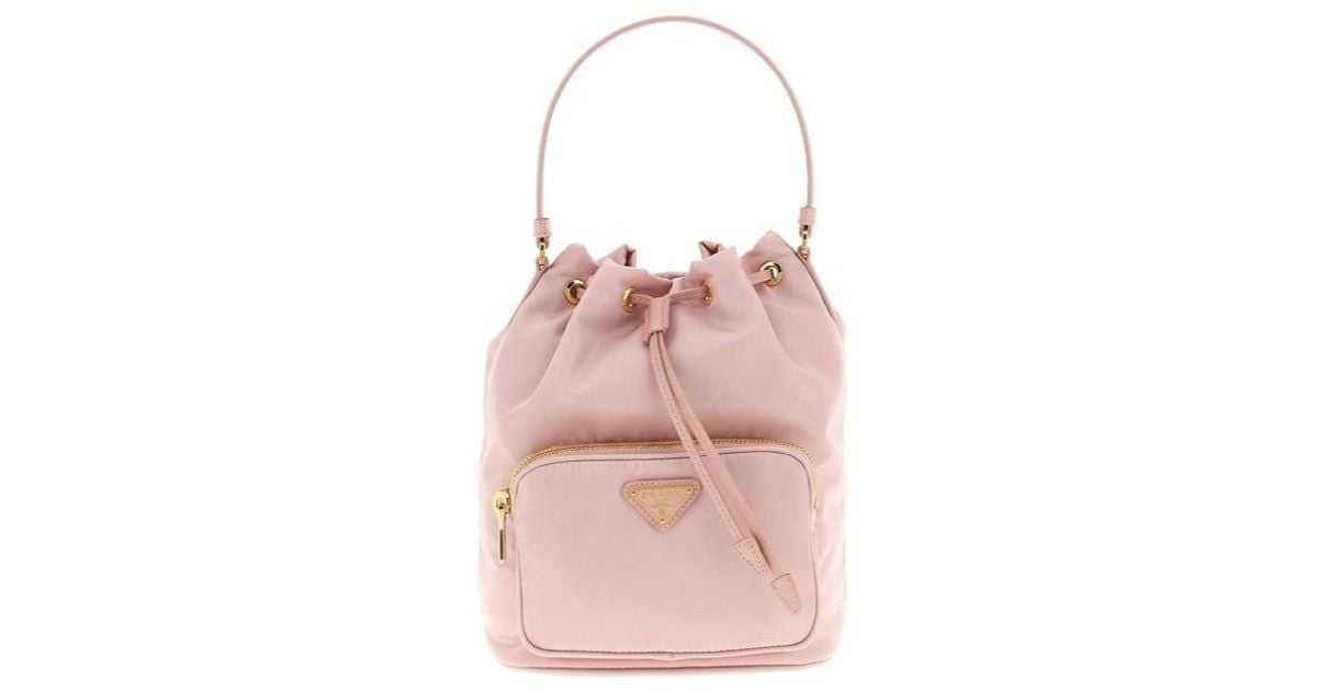 Prada Re-Nylon Triangle-Logo Drawstring Bucket Bag in Pink | Lyst