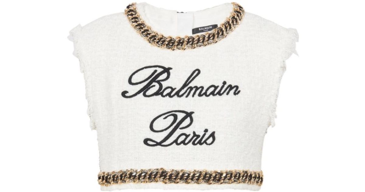 Balmain Logo-embroidered Cropped Tweed Top in White | Lyst