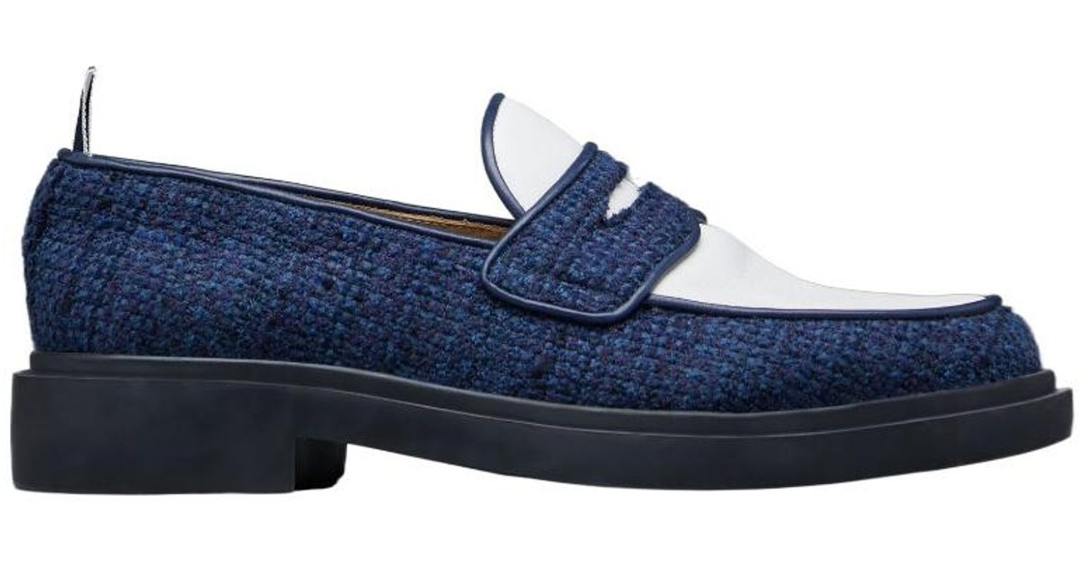 Thom Browne Penny-Slot Tweed Loafers in Blue | Lyst