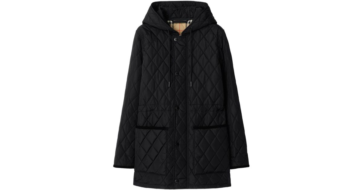 Burberry Checkered Detailed Quilted Coat in Black | Lyst