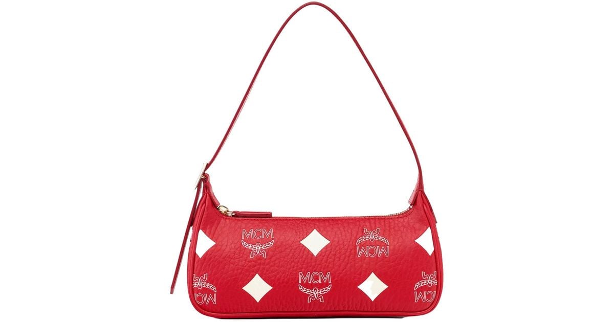 MCM Small Aren Maxi Visetos Shoulder Bag in Red | Lyst