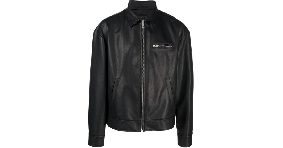 Prada Triangle-Logo Leather Bomber Jacket in Black for Men | Lyst