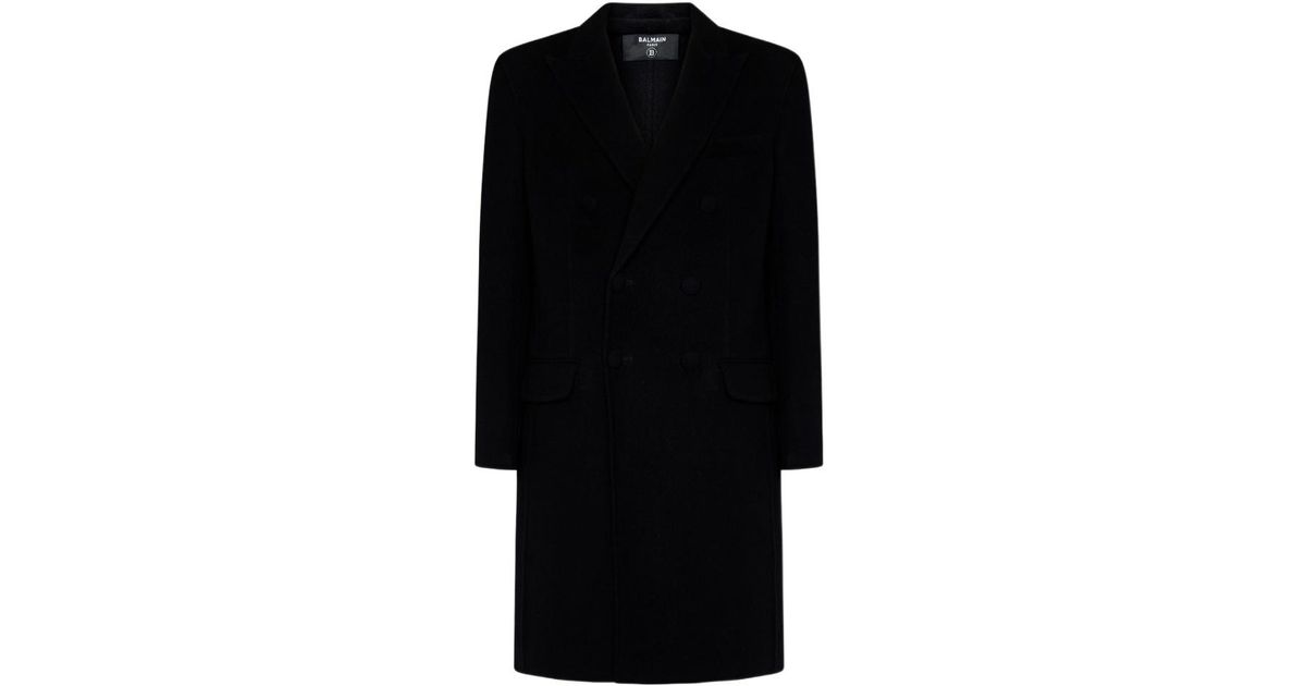 Balmain Double-Breast Wool-Blend Coat in Black for Men | Lyst